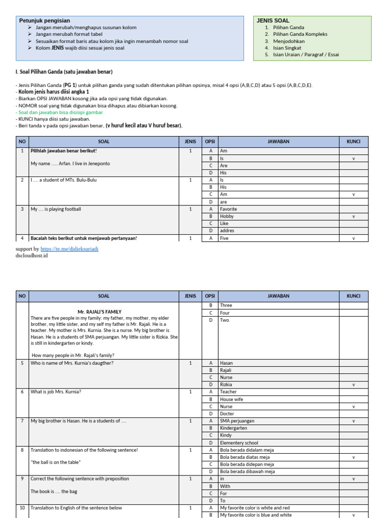 Template Soal PAS Kelas 7 (Nama Guru - Mapel) | PDF
