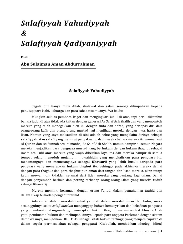 Salafiyyah Yahudiyyah Dan Salafiyyah Qadiyaniyyah - Syaykh Abu Sulayman Aman 'Abdurrahman | PDF