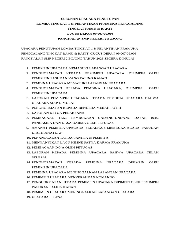 Susunan Upacara Pramuka SMPN 2 Bojong | PDF