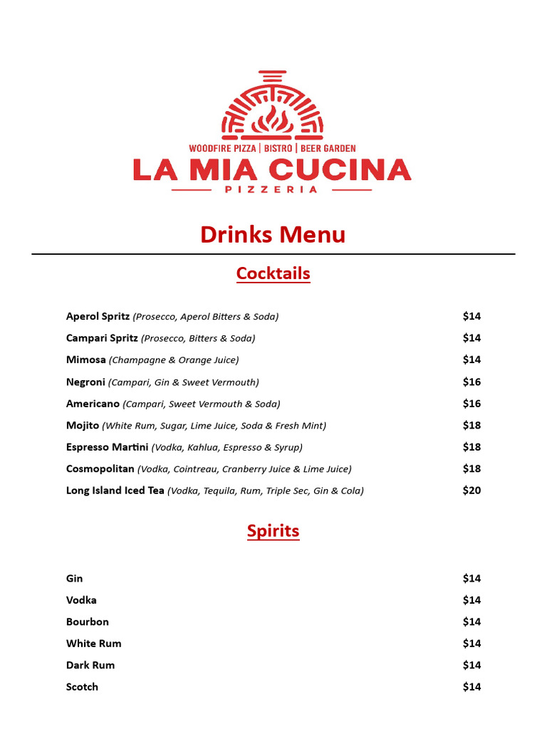 Drinks Menu: Cocktails, Spirits, Wines | PDF | Drink | Alcoholic Drinks