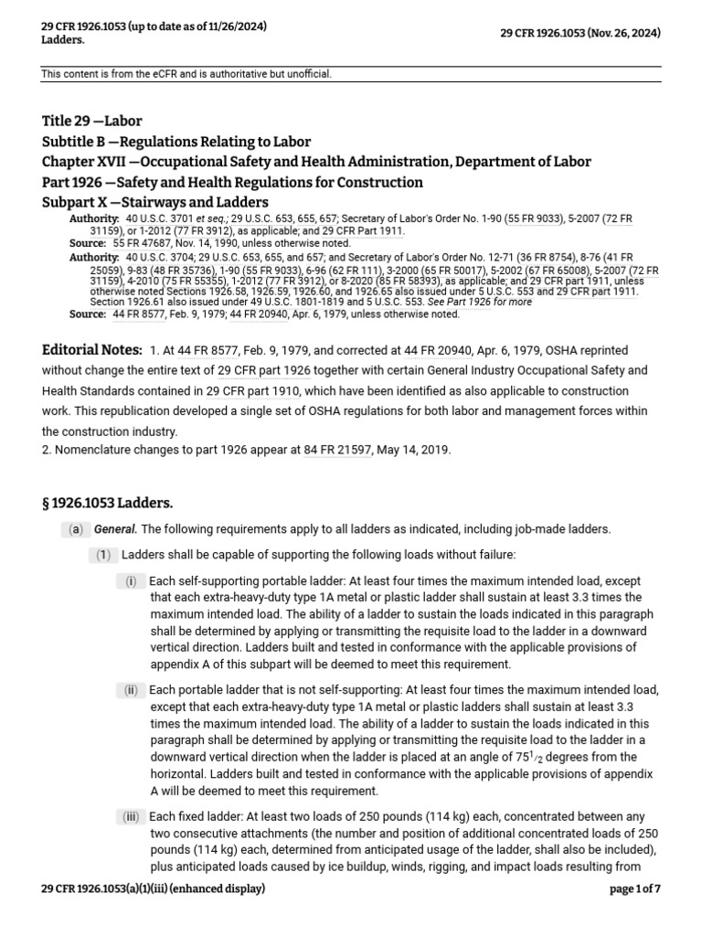 OSHA Ladder Safety Regulations 1926.1053 | PDF | Ladder