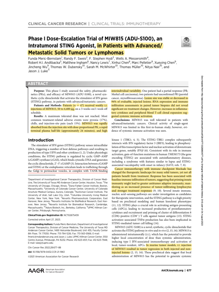 Clin Car Res 2022 ADU-S100 Phase-1 | PDF | Medical Specialties | Neoplasms