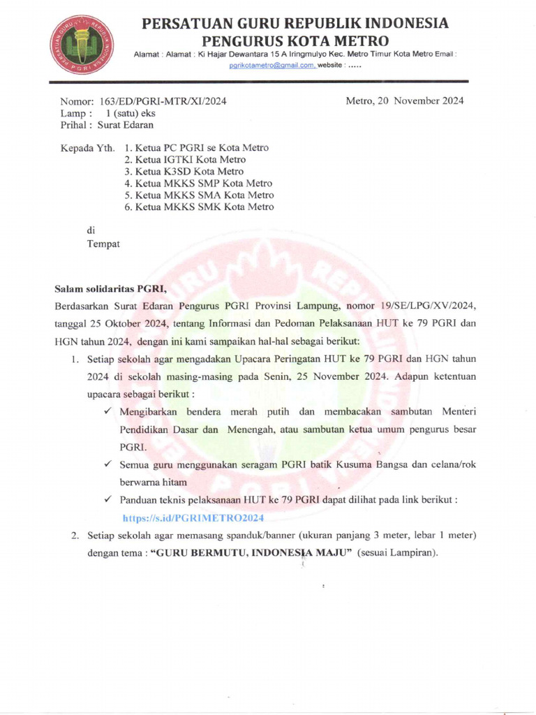 Surat Edaran Hut Pgri - Korpri | PDF