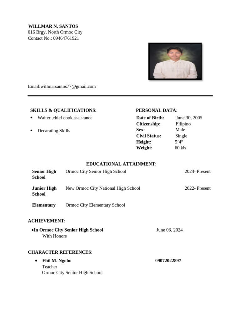 Resume Format For Work Immersion | PDF