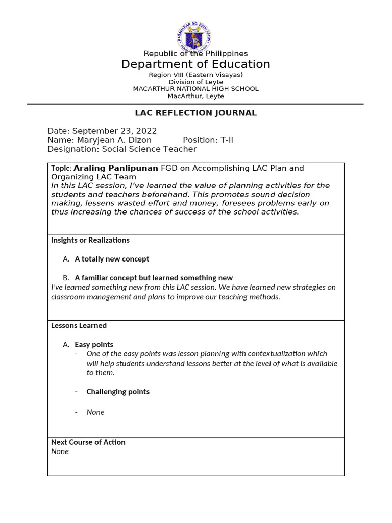 Reflection Journal Sample | PDF | Cognition | Learning