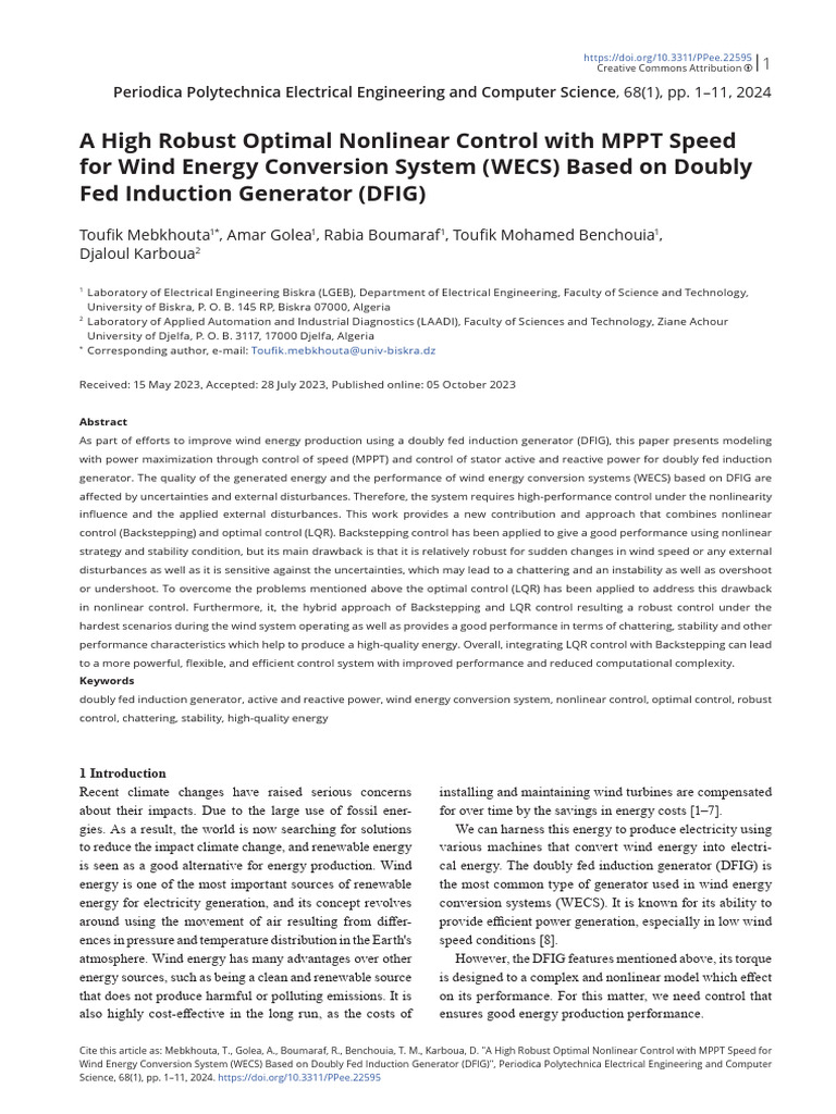 A High Robust Optimal Nonlinear Control With MPPT Speed For Wind Energy Conversion System (WECS ...