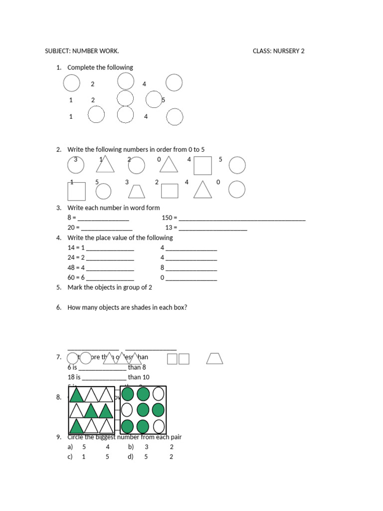 Nursery 2 Number Work Worksheet | PDF