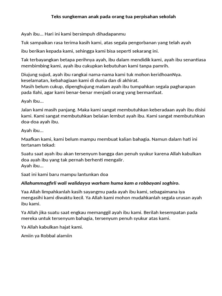 Teks Sungkeman Anak Pada Orang Tua Perpisahan Sekolah | PDF