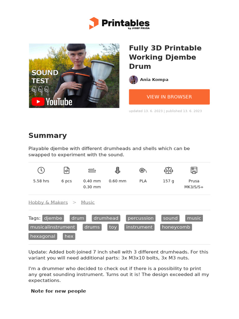 Fully 3d Printable Working Djembe Drum | PDF | Drum | Musical Instruments