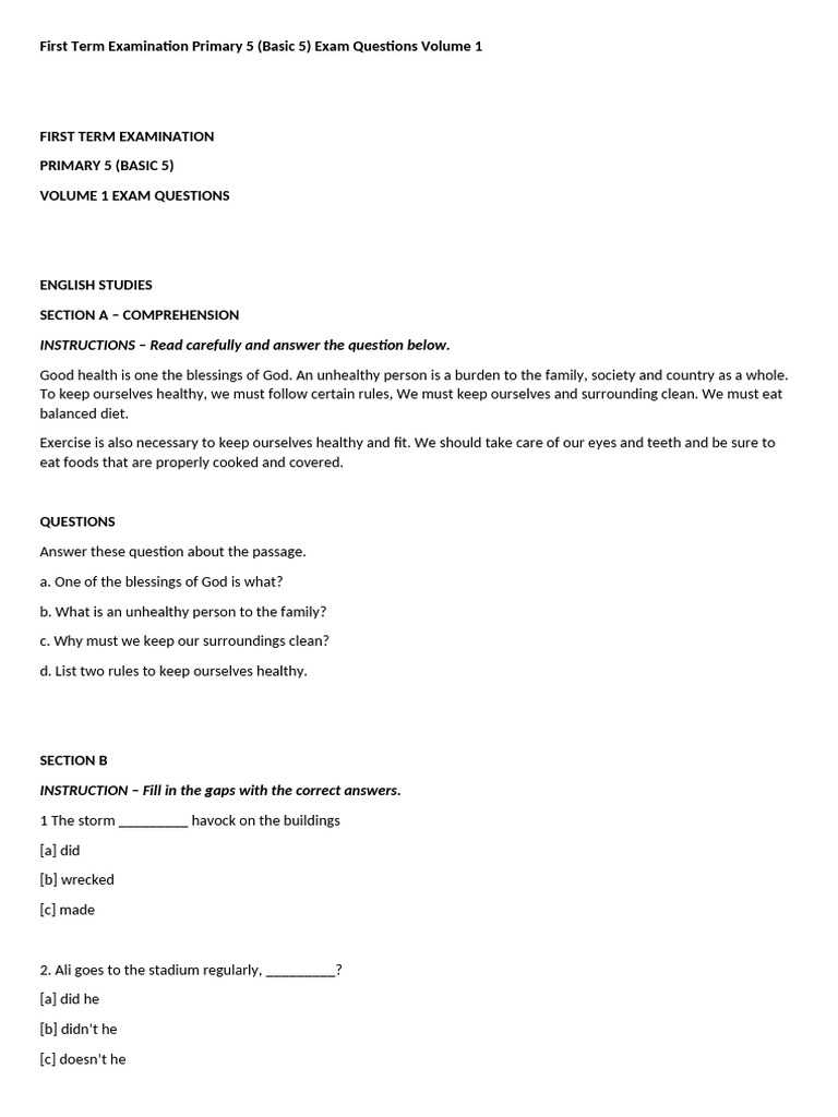 Examination Questions For Primary 5 First Term 5555555 | PDF | Pollution | Internet
