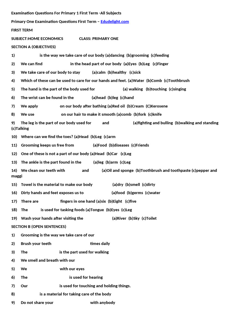 Primary 1 First Term Exam Questions | PDF