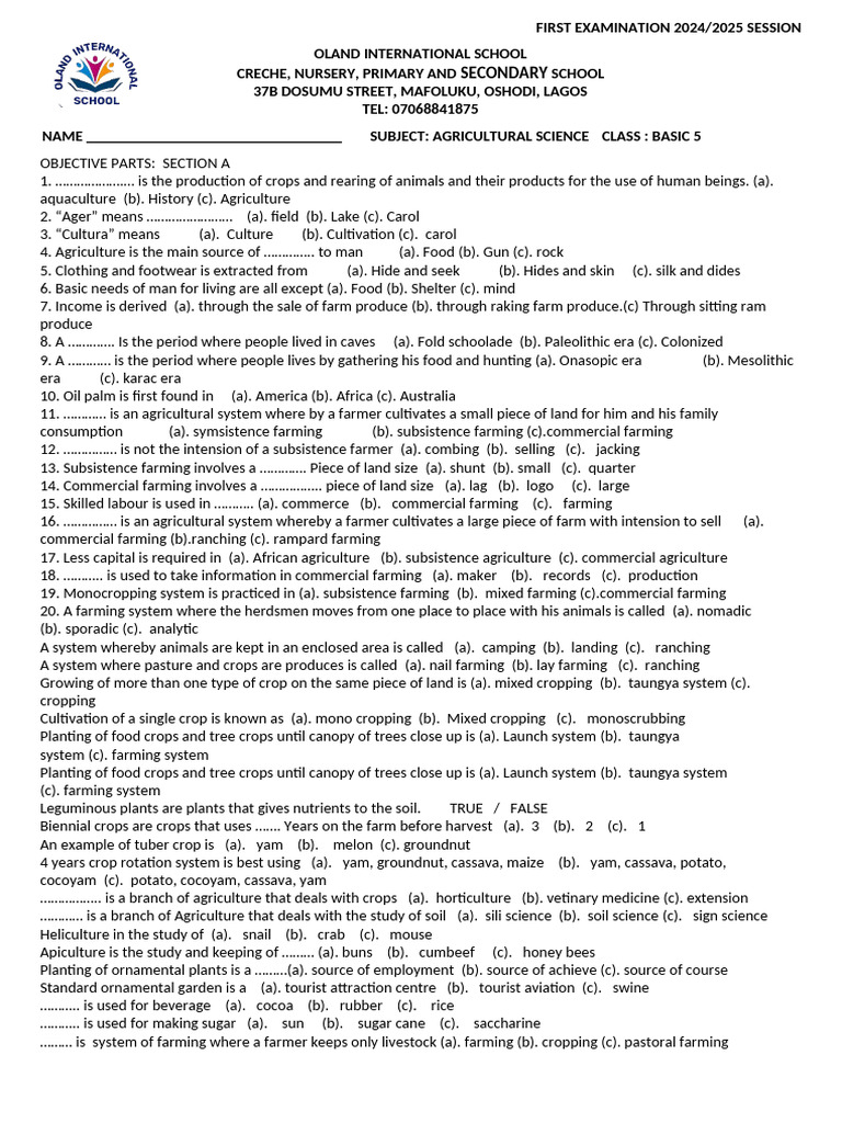 Examination Questions For JSS 1 First Term | PDF | Crops | Metals