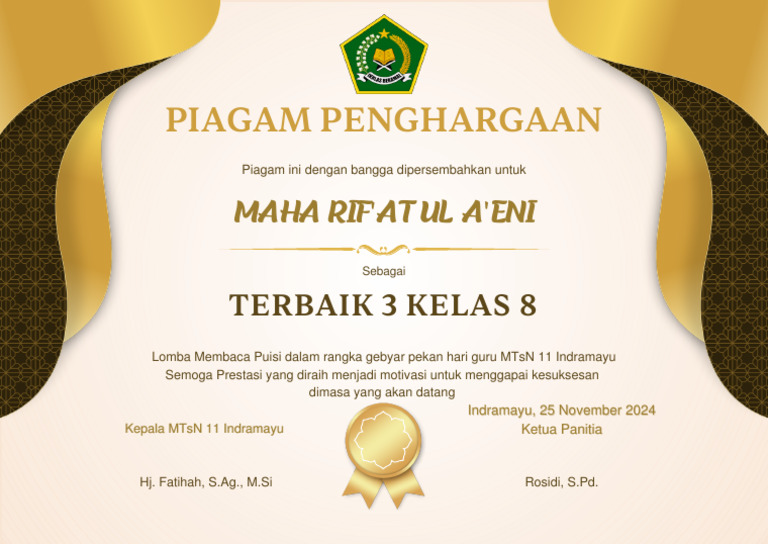 Cokelat Emas Elegan Islami Piagam Penghargaan Juara Lomba Sertifikat ...