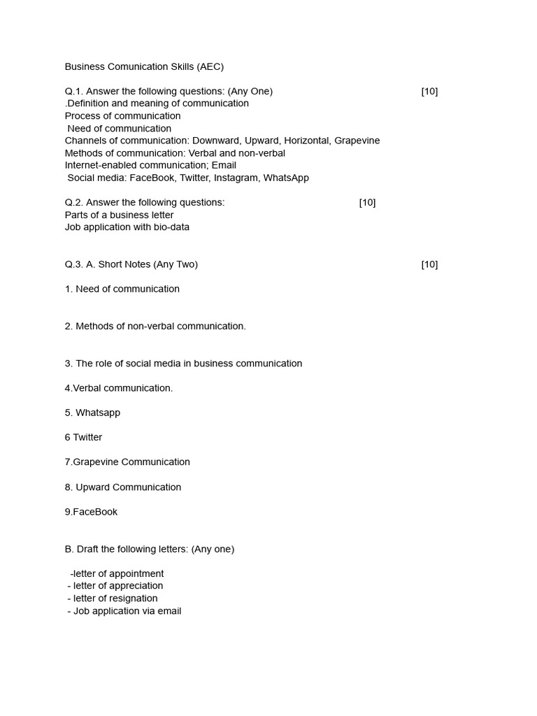 Business Communication Skills (AEC) Paper Pattern With Question Bank | PDF