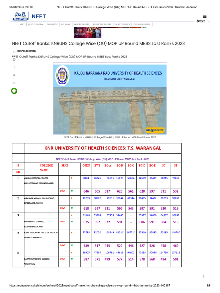 NEET Cutoff Ranks - KNRUHS College Wise (OU) MOP UP Round MBBS Last ...