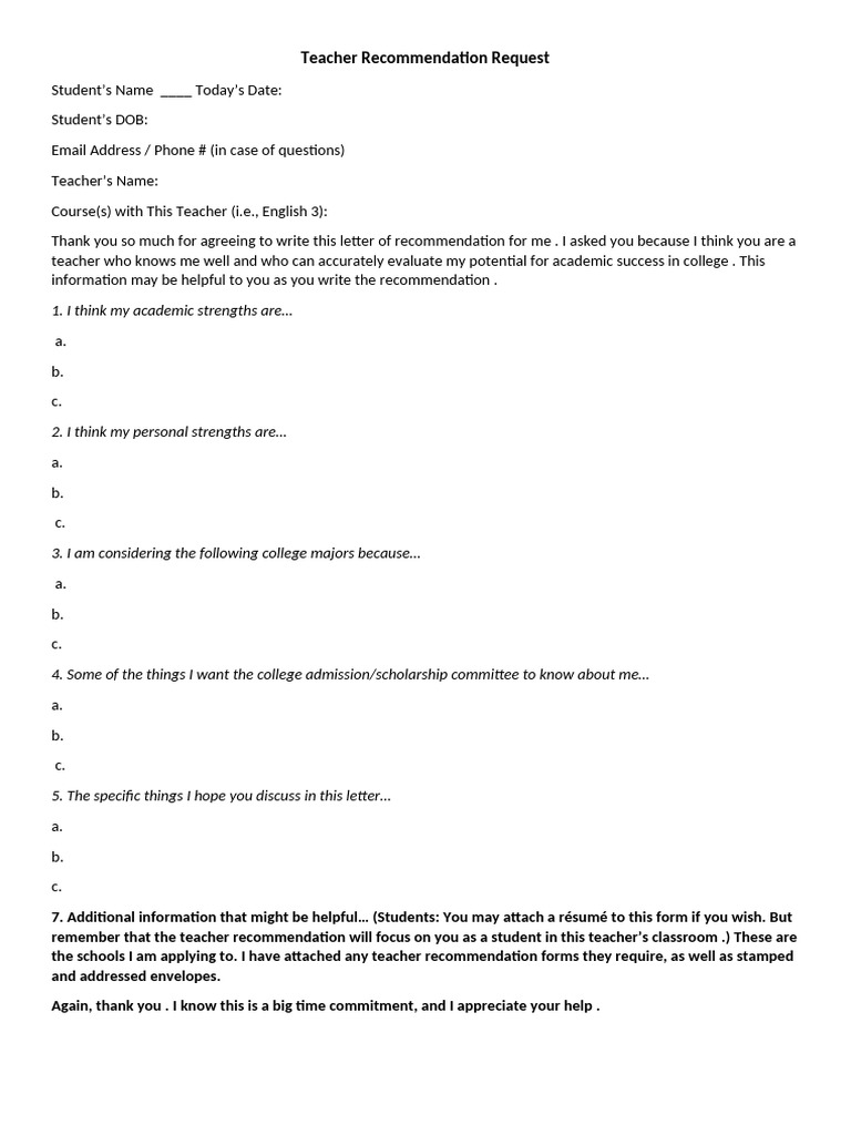 Teacher Recommendation Request | PDF