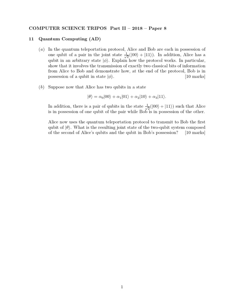 Computer Science Tripos Part Ii - 2018 - Paper 8 Quantum Computing (AD ...