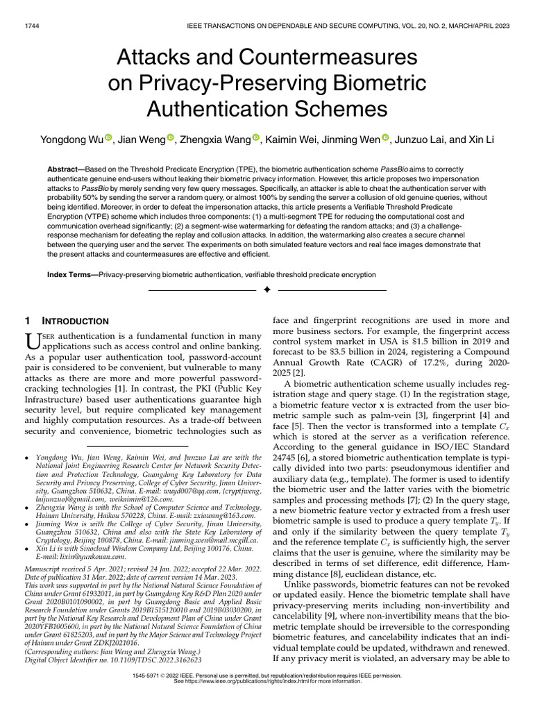 Attacks and Countermeasures On Privacy-Preserving Biometric Authentication Schemes | PDF ...