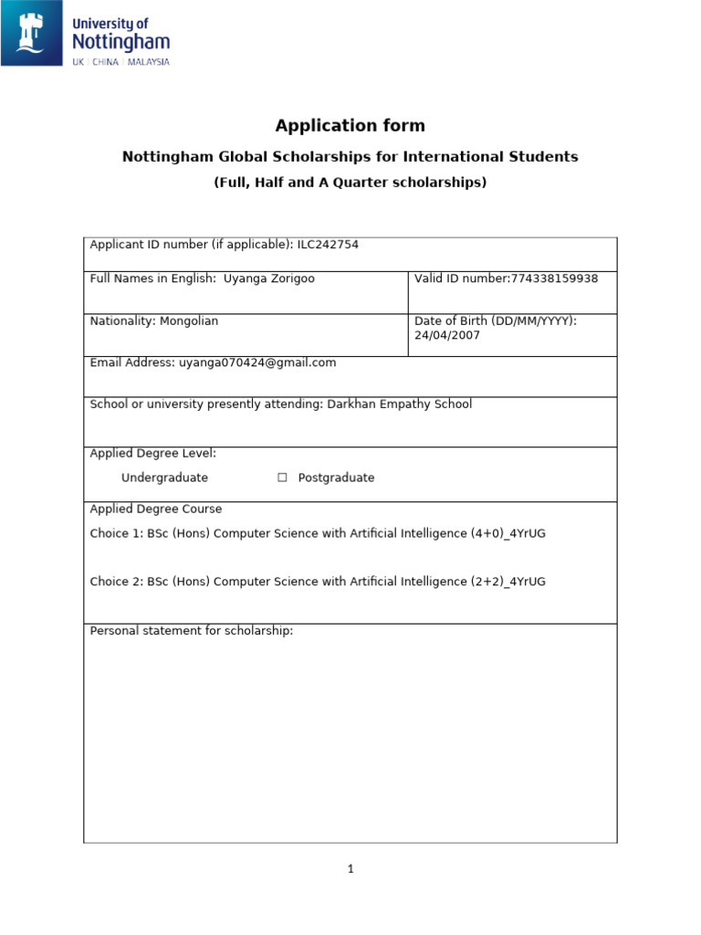 Nottingham Global Scholarships Application Form 20231031 | PDF