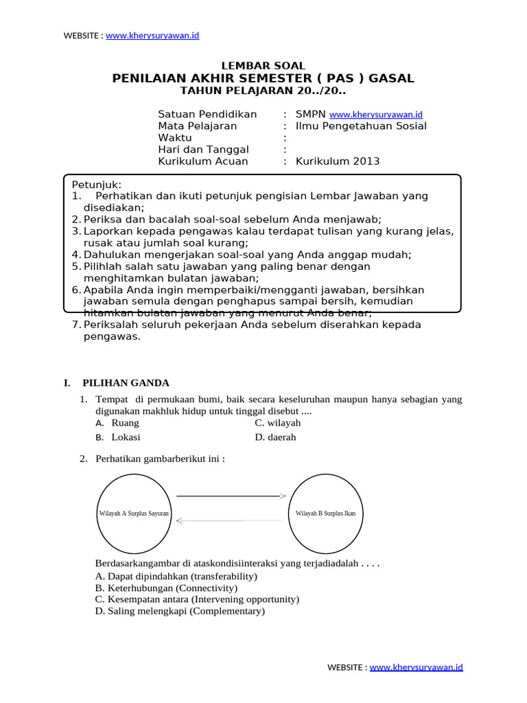 Soal PAS IPS Kelas 7 K13 - WWW - Kherysuryawan.id | PDF