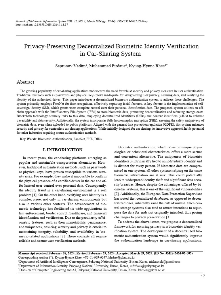 Privacy-Preserving Decentralized Biometric Identity Verification in Car-Sharing System | PDF ...