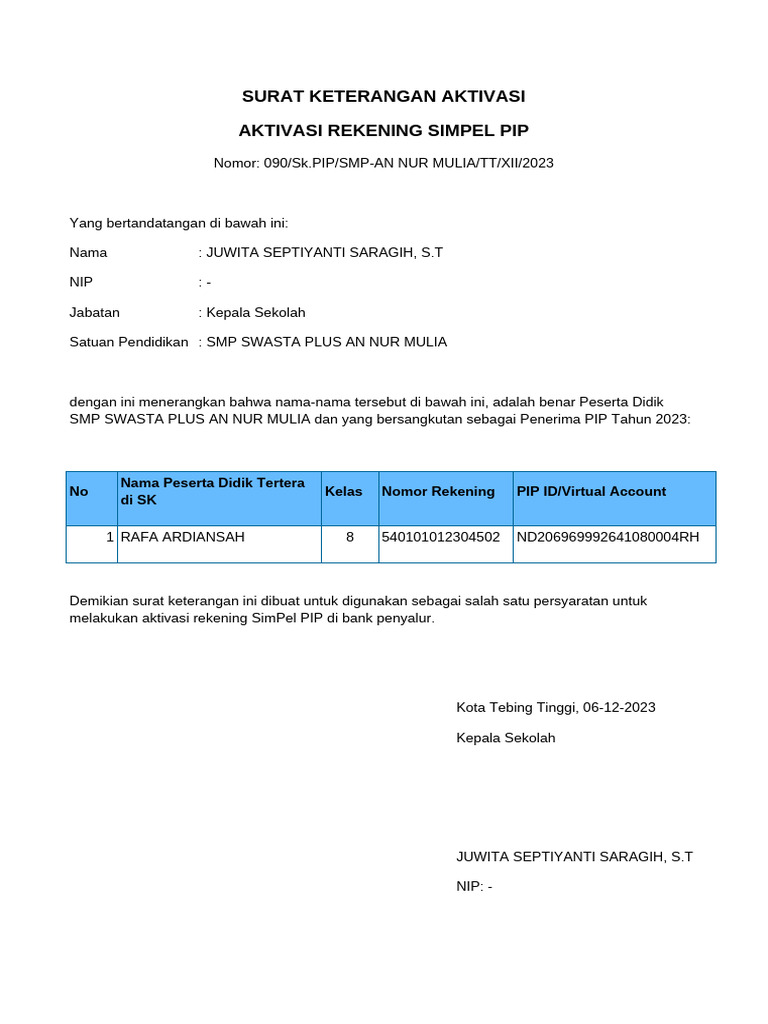 Surat Keterangan Aktivasi Aktivasi Rekening Simpel Pip | PDF