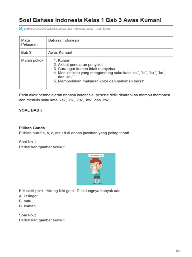 UAS Bahasa Indonesia Kelas 1 | PDF