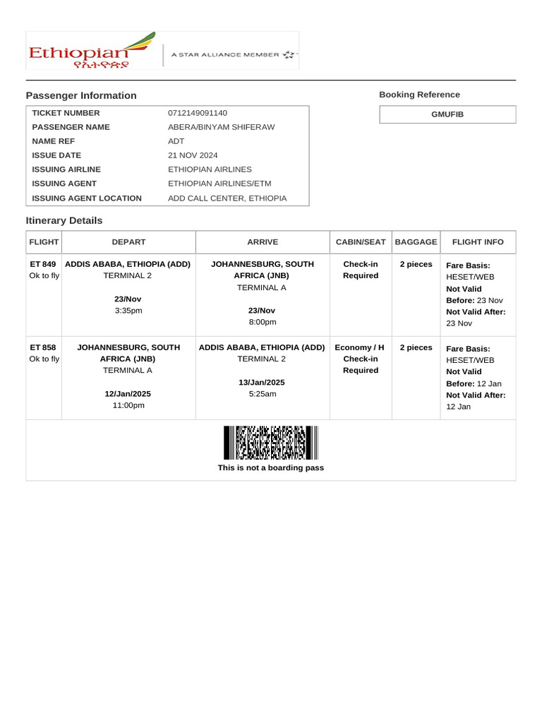 Electronic Ticket Receipt, December 10 For BINYAM SHIFERAW ABERA | PDF | Airlines | Transport