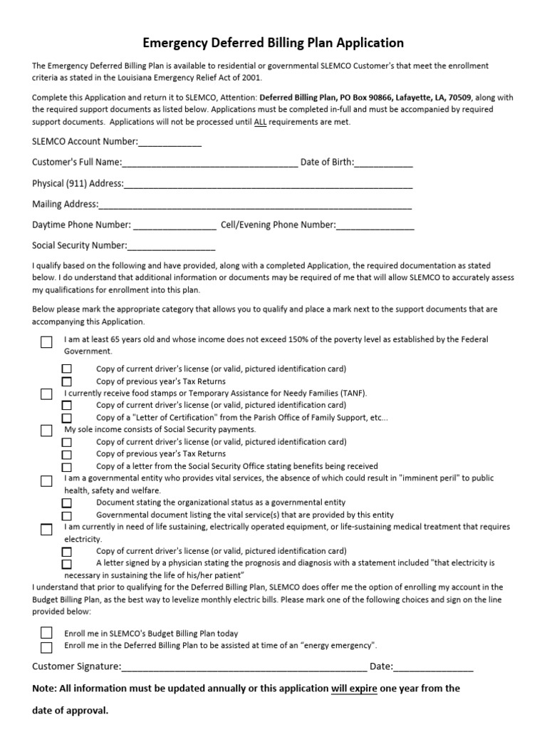 Emergency Deferred Billing Plan Application1 | PDF | Identity Document ...