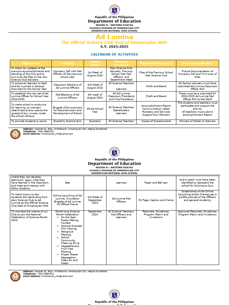 Science Calendar of Activities 1 1 | PDF
