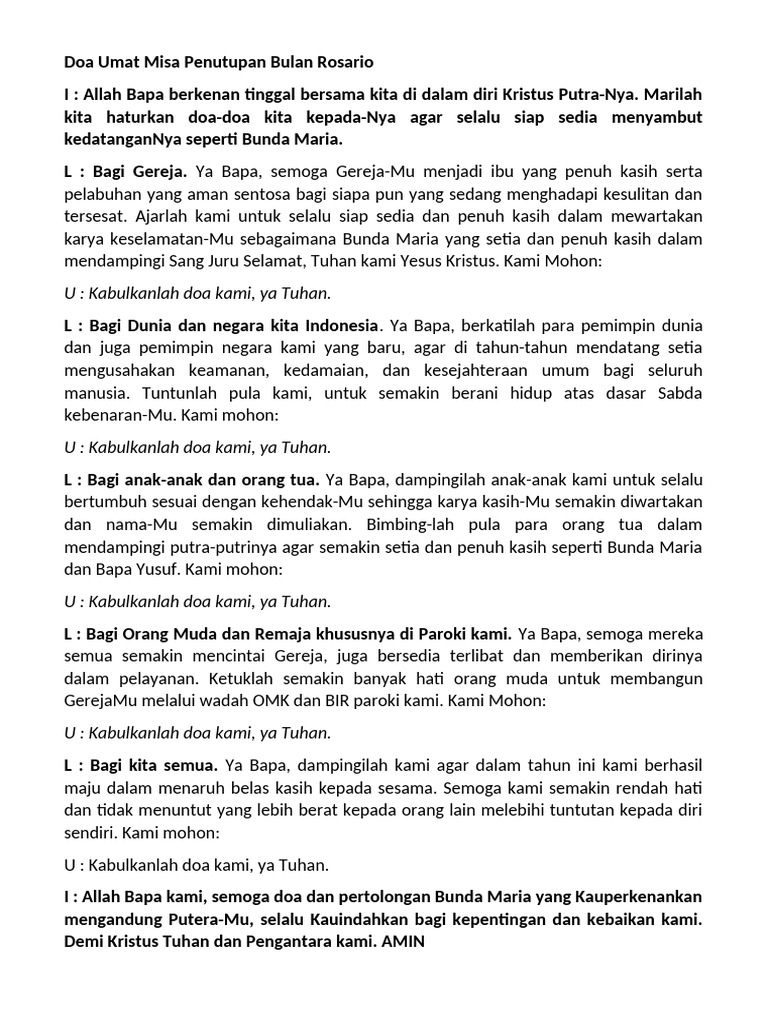 Doa Umat Misa Penutupan Bulan Rosario | PDF