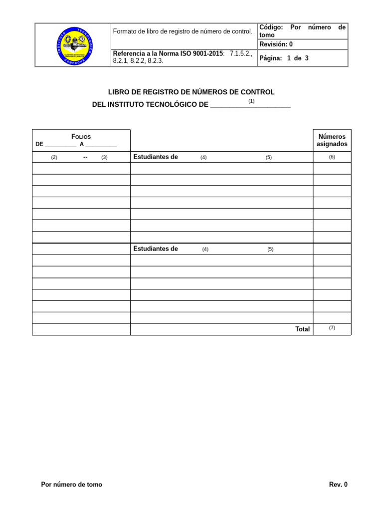 Registro de Números de Control ISO 9001 | PDF