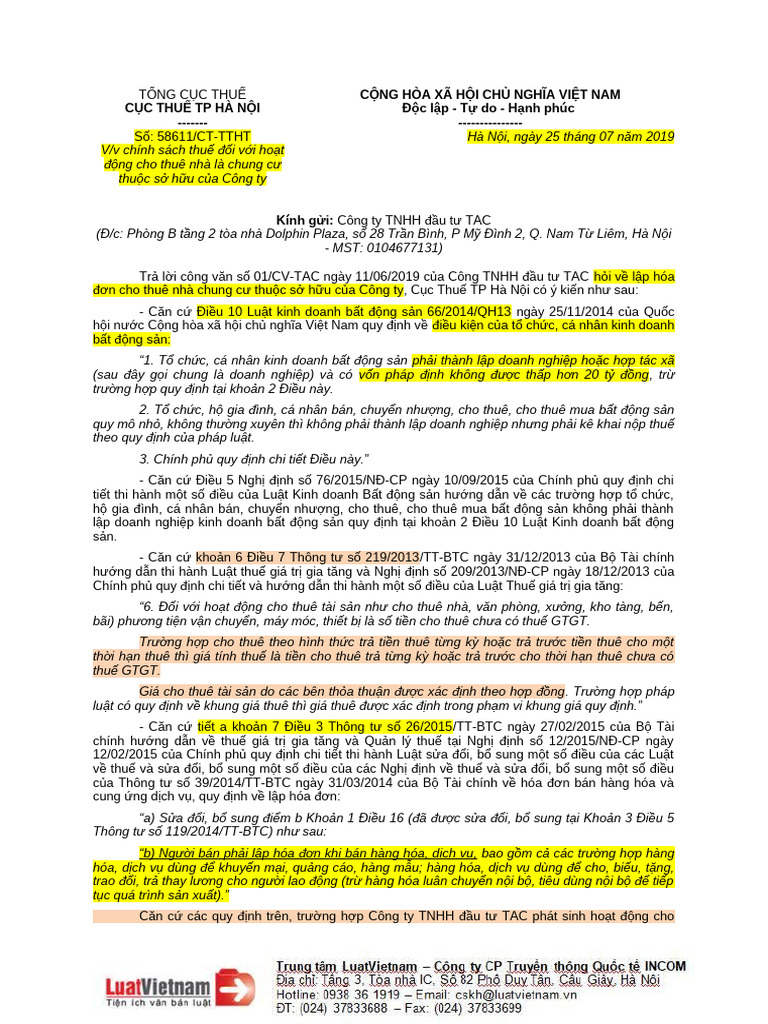 Công văn-58611-CT-TTHT - 2019 - Xuất hoá đơn - Giá tính thuế khi cho ...
