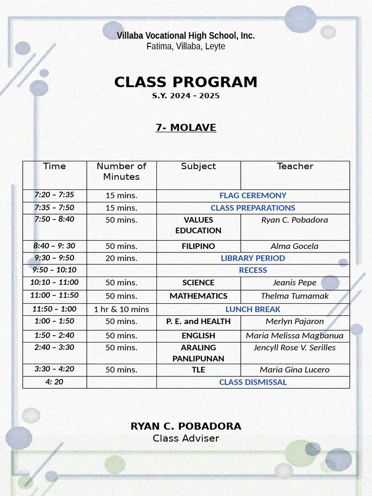 Villaba Vocational High School Schedule | PDF
