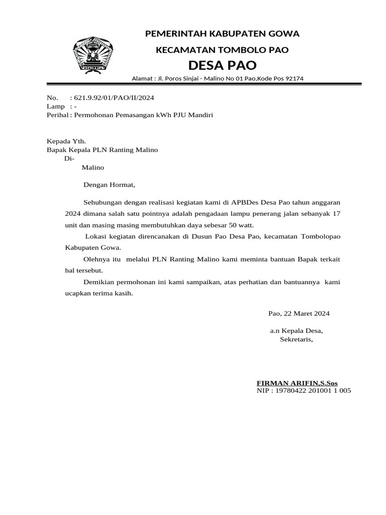 Surat Permohonan Penambahan Daya Listrik | PDF