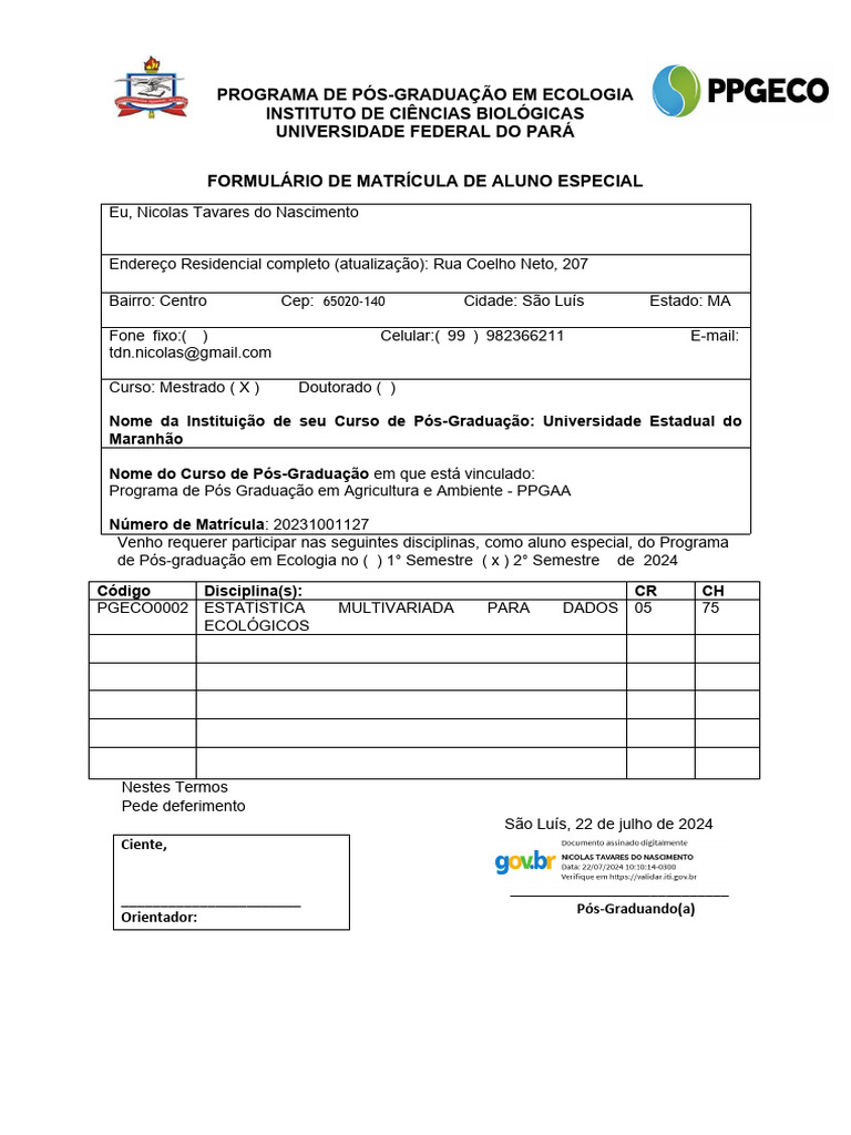 Formulario de Matricula - ALUNO ESPECIAL PPGECO 2024 29 Assinado | PDF