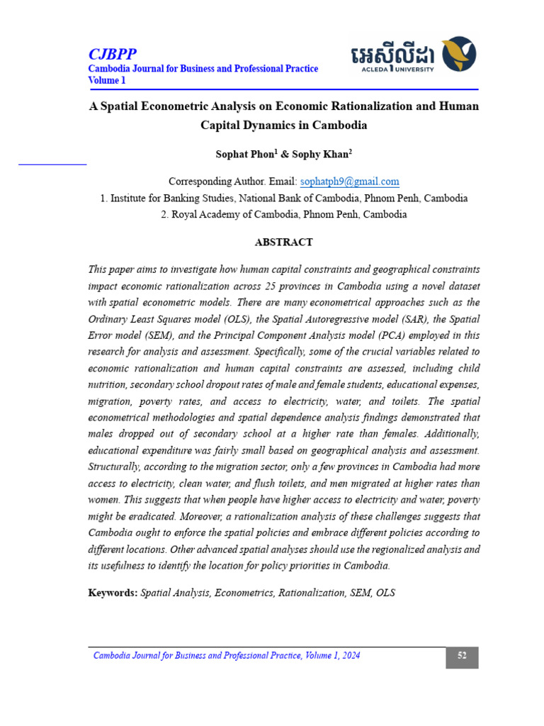 CJBPP-Vol-1-03 - A Spatial Econometric Analysis On Economic Rationalization and Human2024 | PDF ...