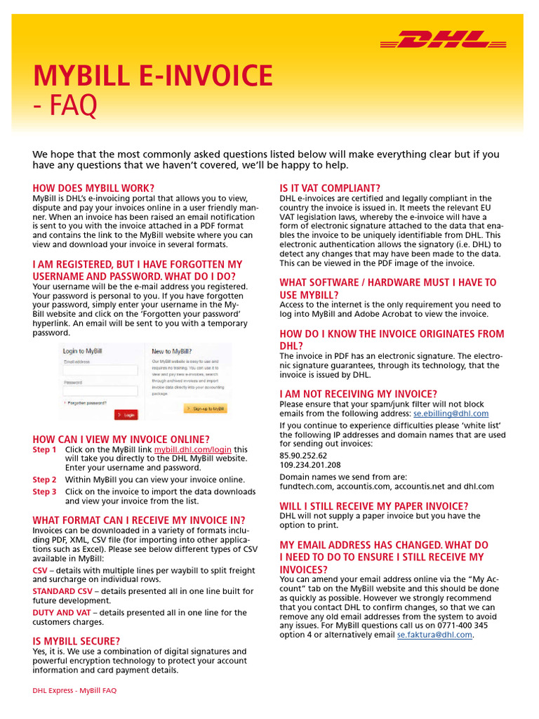 DHL Mybill Faqs Se en | PDF | Invoice | Payments