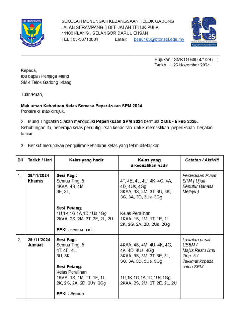 Surat Makluman Kehadiran Kelas Semasa Peperiksaan SPM 2024 | PDF