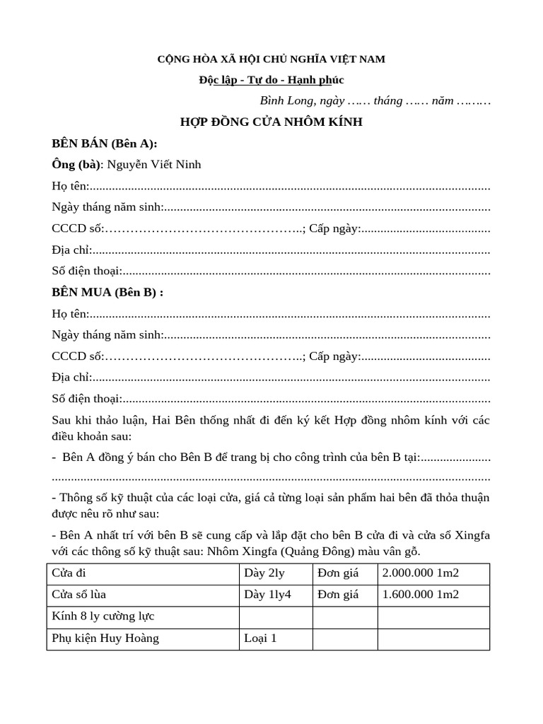 H P Đ NG C A Nhôm Kính Bên Bán (Bên A) : Ông (Bà) | PDF