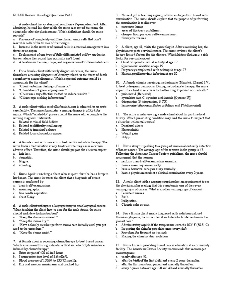 Oncology NCLEX Review Questions | PDF | Breast Cancer | Cancer