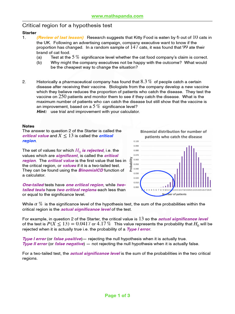 Critical Region For A Hypothesis Test LESSON 241020 124614 | PDF | Type ...