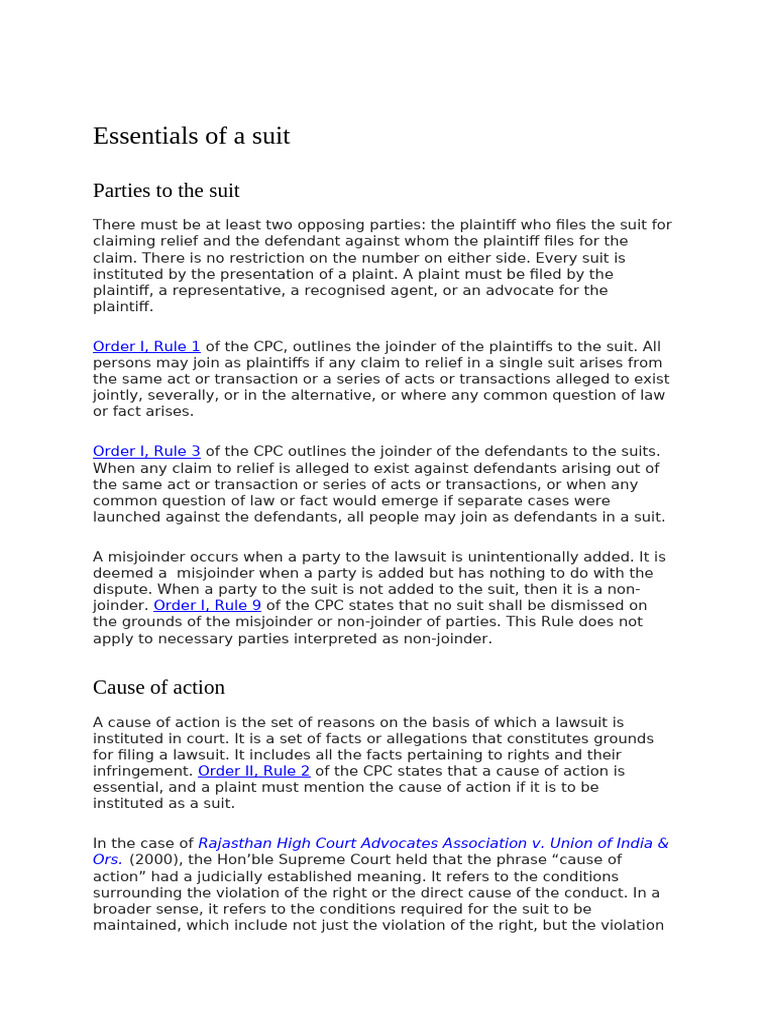 Essentials of A Suit | PDF | Lawsuit | Cause Of Action