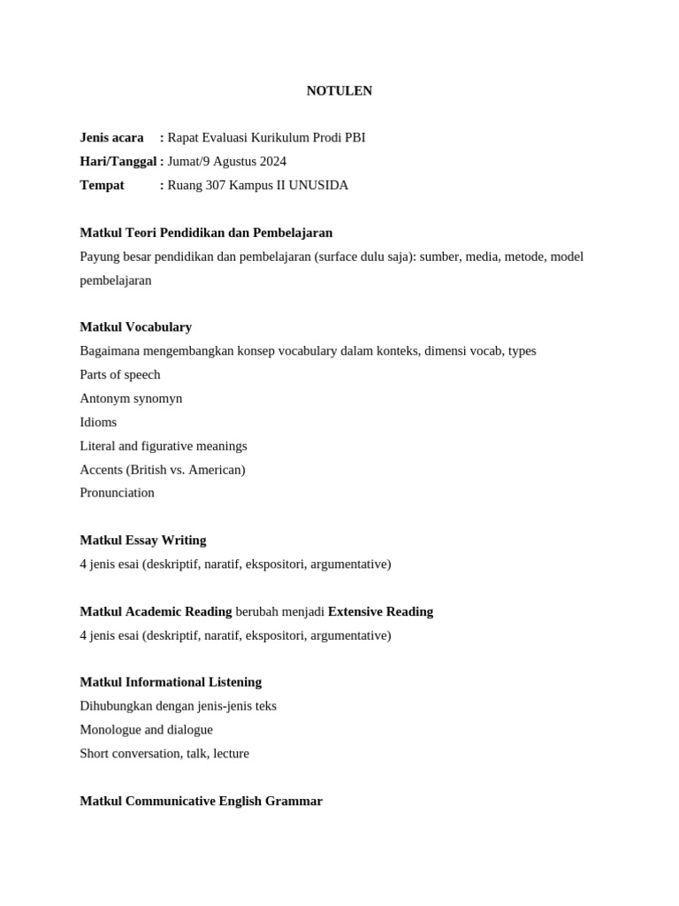Notulen Rapat Evaluasi Kurikulum Prodi PBI | PDF | English As A Second Or Foreign Language ...