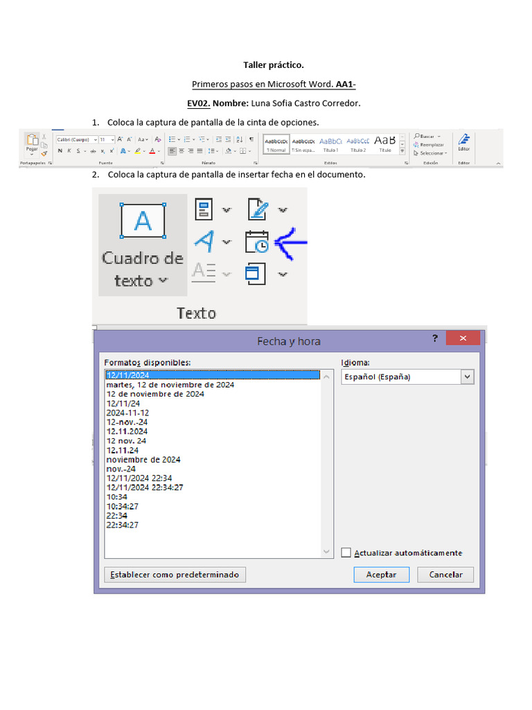 Taller Práctico. Primeros Pasos en Microsoft Word. AA1-EV02. Luna Castro | PDF