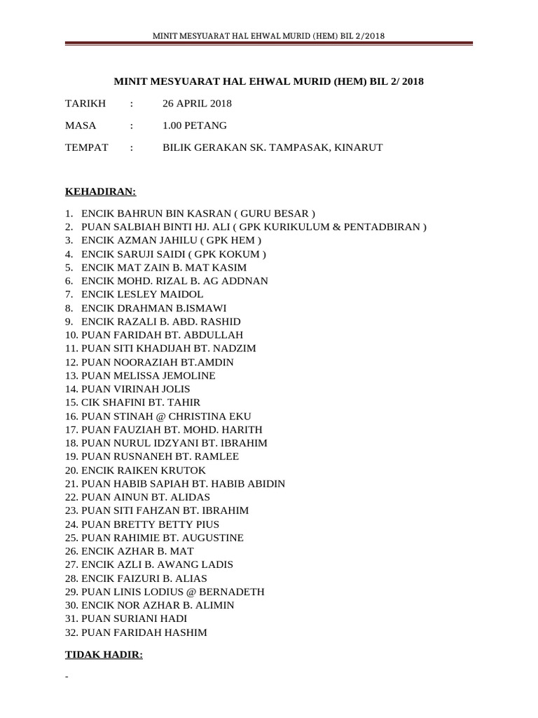 Minit HEM Bil 2 2018 | PDF