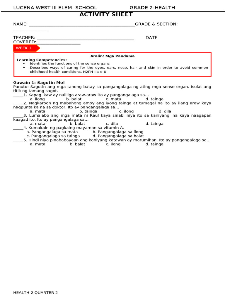 2021-HEALTH-2-Q2-Week 1 To 8-ACTIVITY-SHEET | PDF