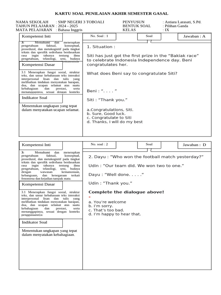 Kartu Soal Pas Bing 9 Gasal 2024-2025 | PDF