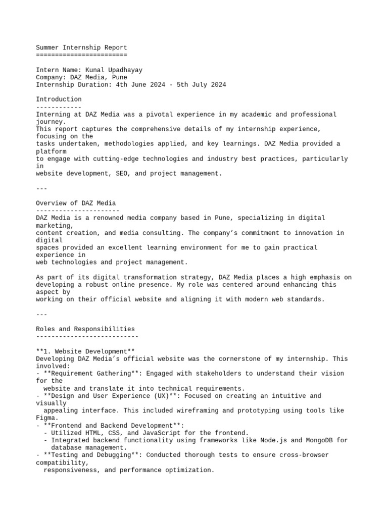 Summer Internship Report Detailed Kunal Upadhayay | PDF | Web ...