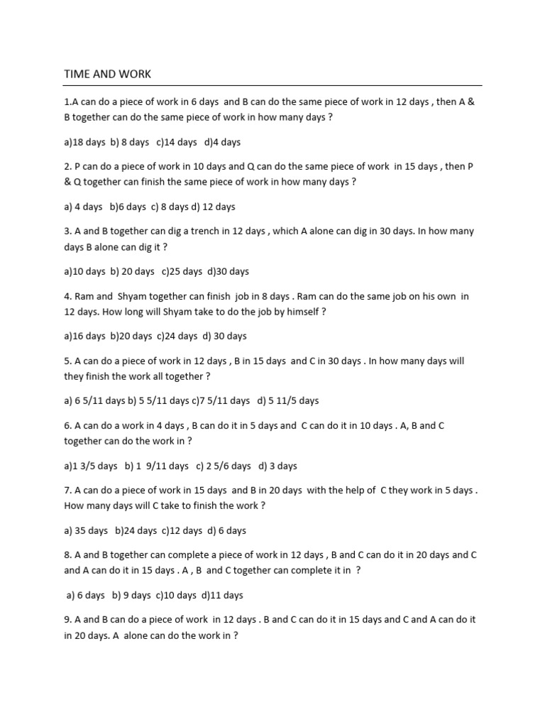 Time and Work Problems Collection | PDF